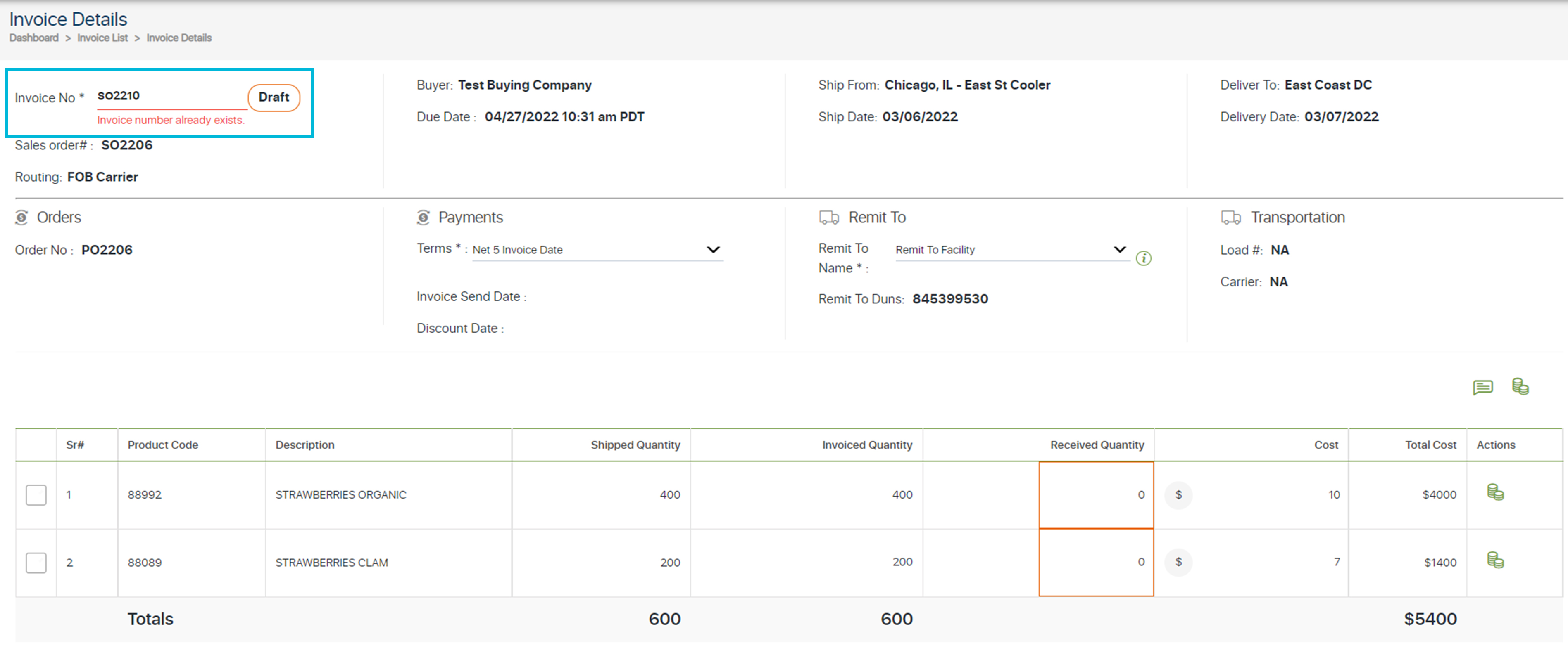 Duplicate Invoice Number