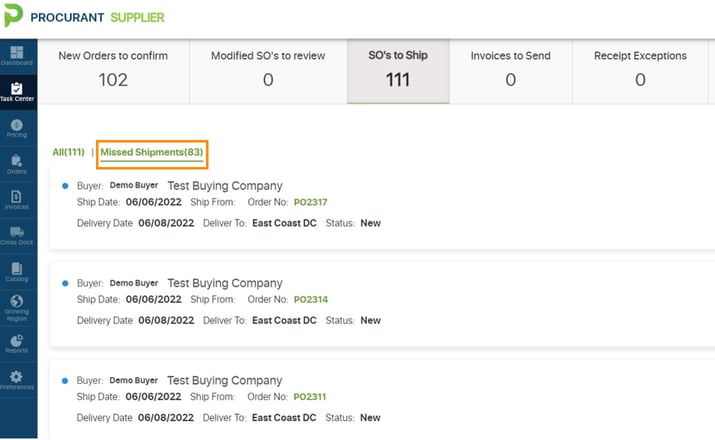 Visibility to Missed Shipments from Task Center